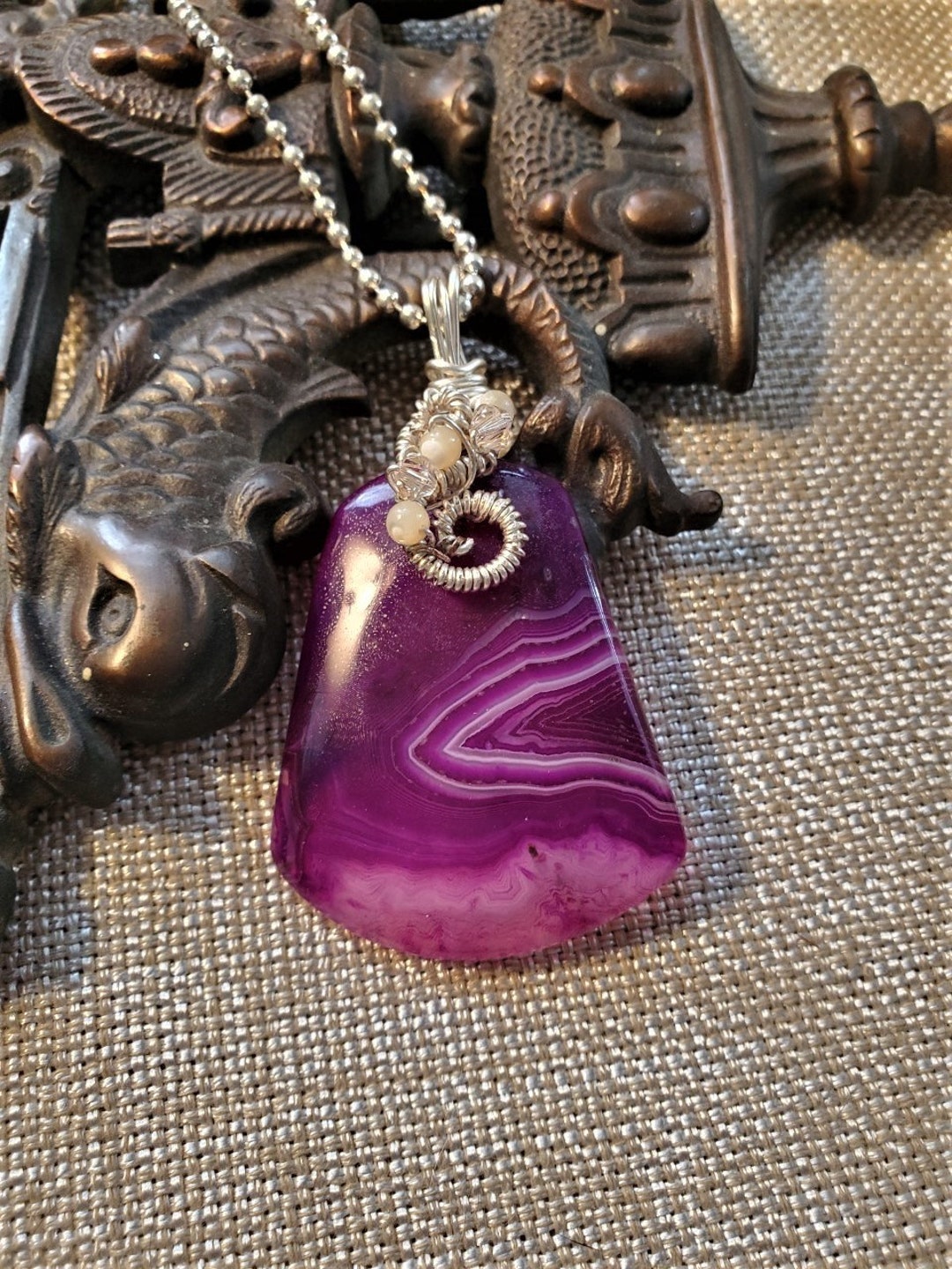 ST180 Purple Stone Luna Banded Agate Gemstone Pendant Necklace Womans ...