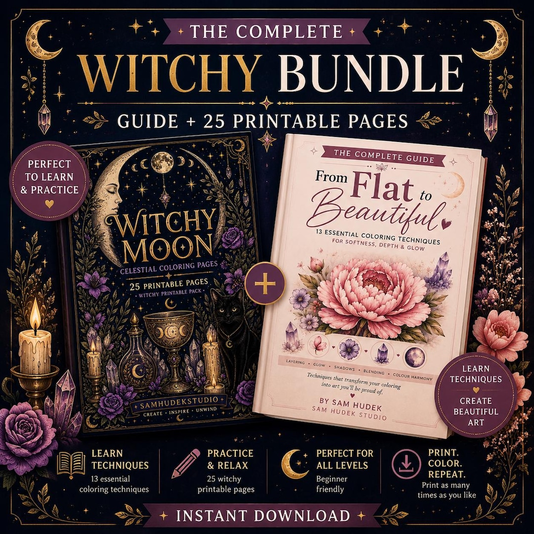 Witchy Moon Celestial Coloring Pages Bundle | Techniques Guide (digital ...