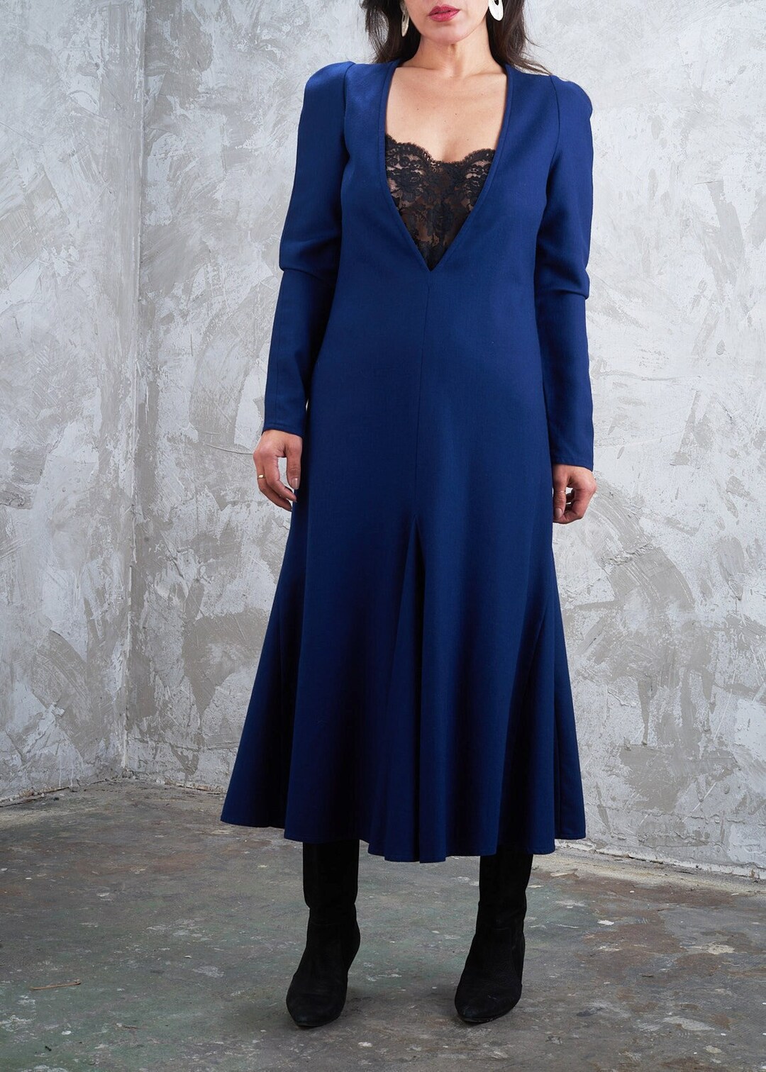 1980s CHLOE Karl Lagerfeld Era Blue Plunge Wool Midi Dress M - Etsy