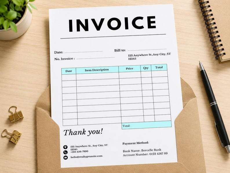 Editable Invoice Template for Small Business, Printable Custom Order ...