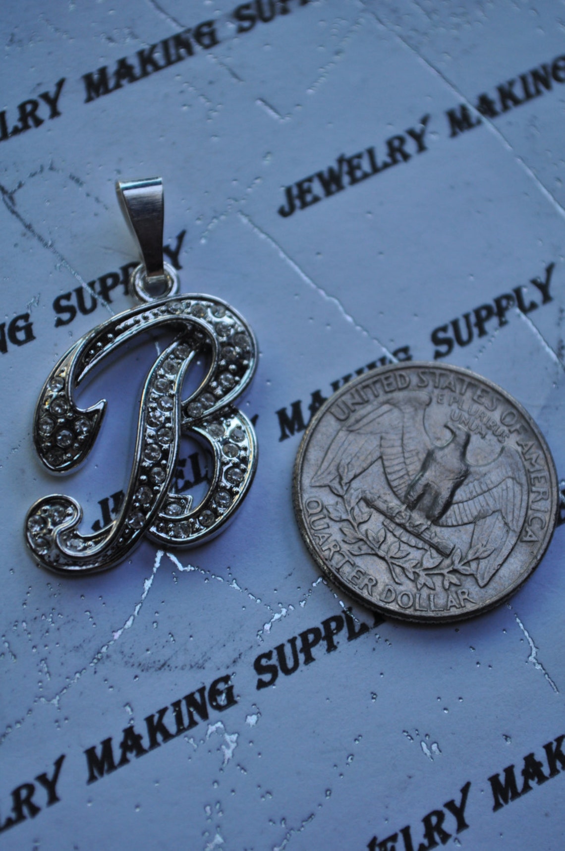 Silver Plated Pendant Cursive Letter With Clear Crystals B | Etsy