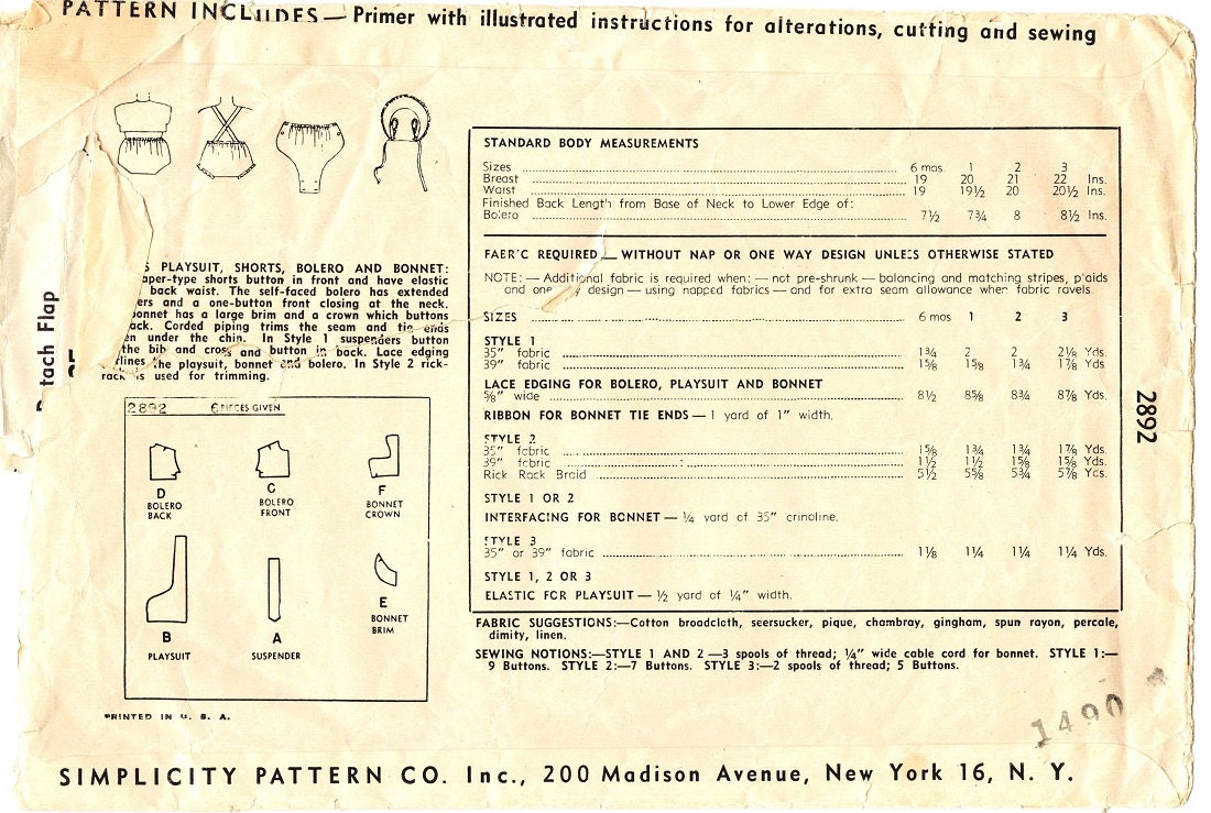 Simplicity 2892 Photocopy of Adorable Vintage 40s Playsuit Bolero ...