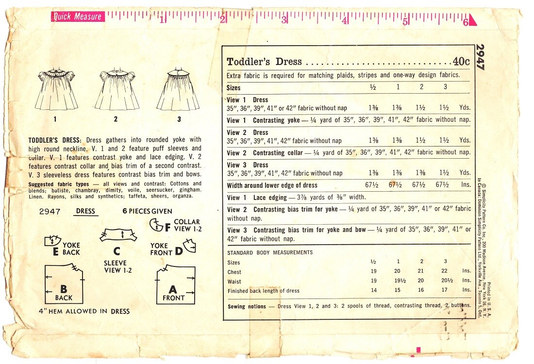 Simplicity 2947 Photocopy of Sweet Toddler Girls Yoked Sleeveless ...