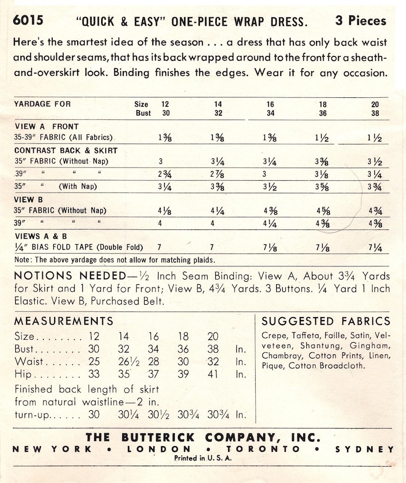 Butterick 6015 Photocopy of Vintage 50s Famous One Piece Wrap Apron ...