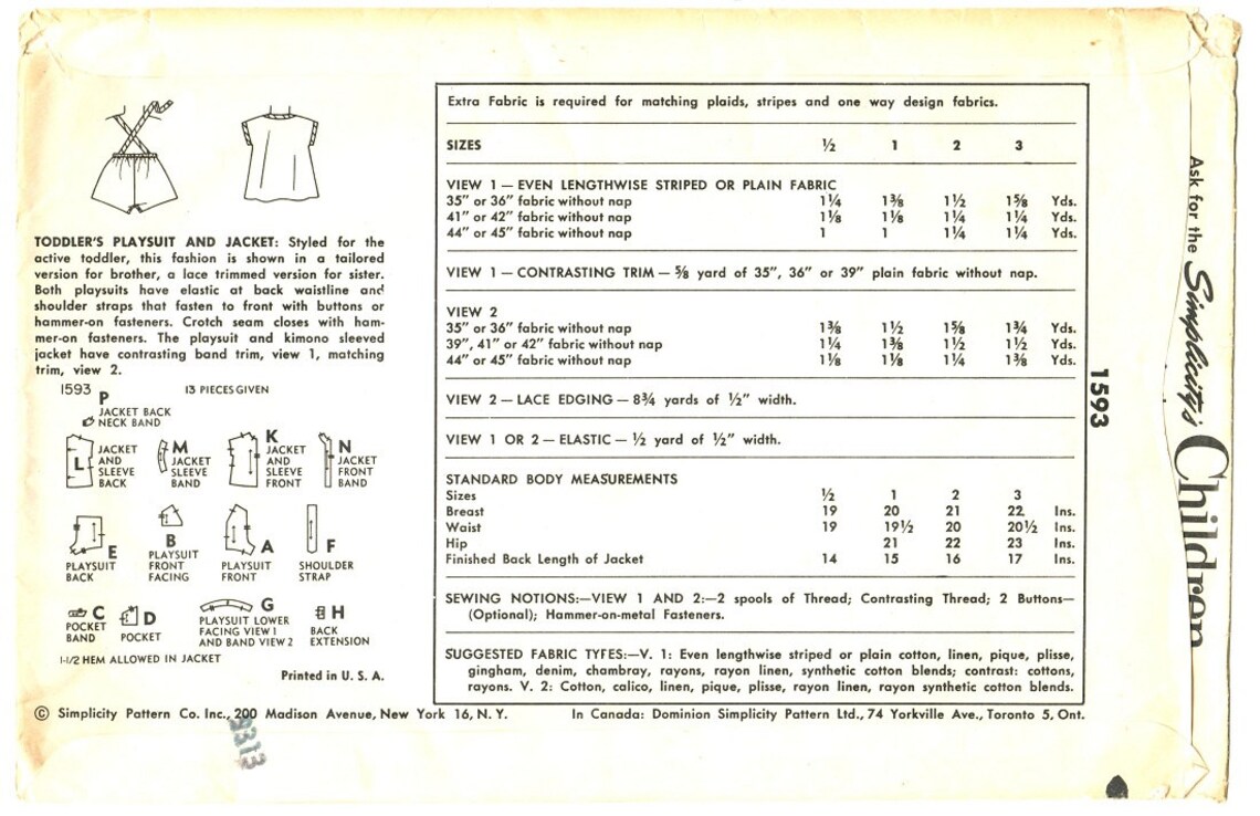 Simplicity 1593 Photocopy of Super Cute 50s Toddler Girls Boys Playsuit ...
