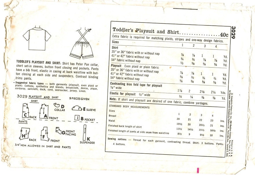Simplicity 3029 Photocopy of Vintage 50s Super Cute Toddler's Playsuit ...