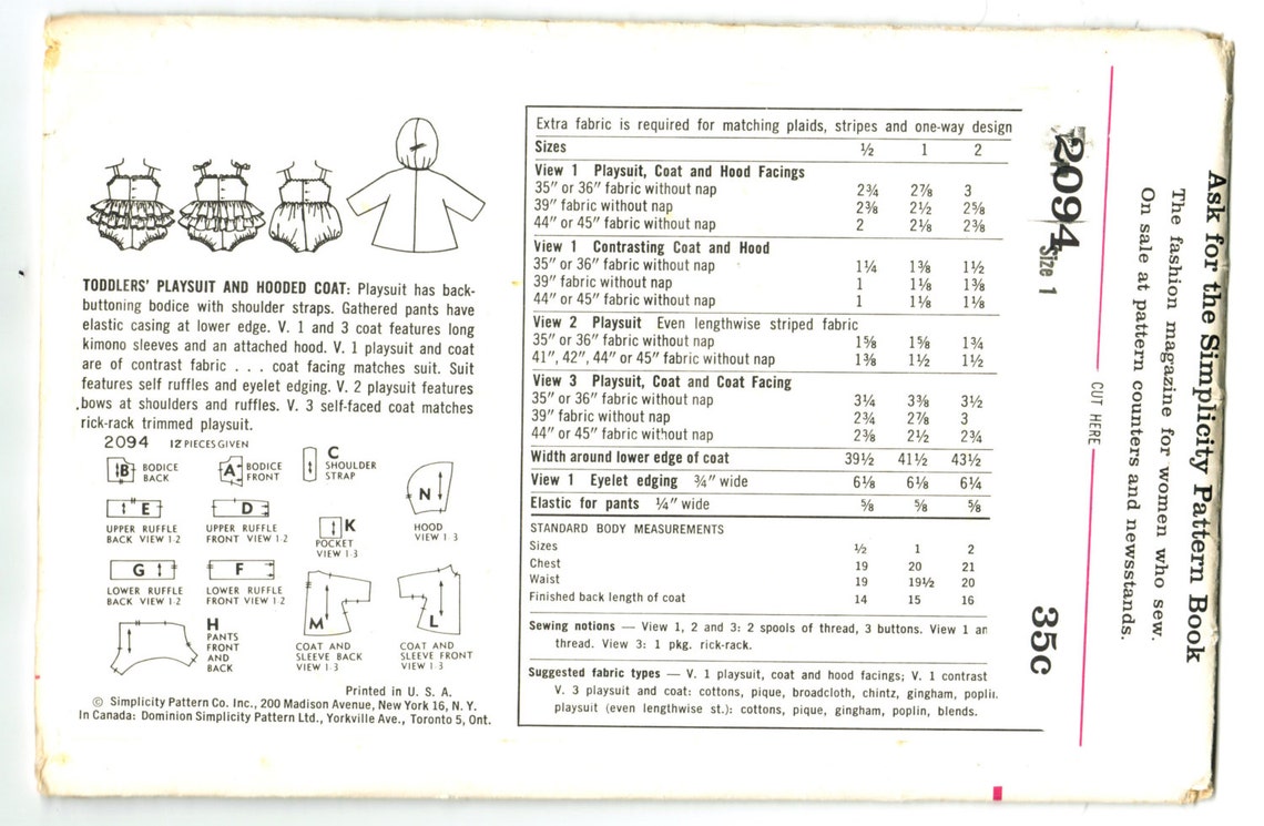 Simplicity 2094 Photocopy of Super Cute Vintage 50s Toddlers Playsuit ...