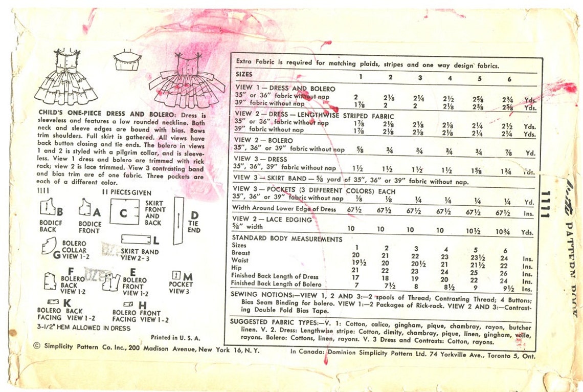 Simplicity 1111 Photocopy of Vintage 50s Darling Toddler Girls Dress ...