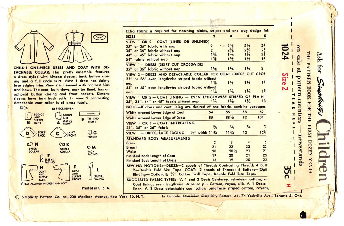 Photocopy of Simplicity 1024 Vintage 50s Toddler Girls Dress With ...