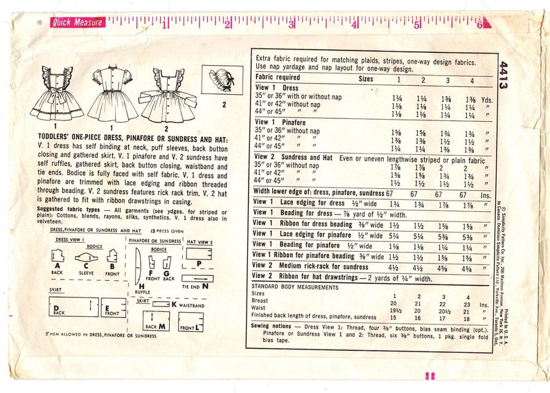 Simplicity 4413 Photocopy of Vintage Toddler Girls Dress, Pinafore ...