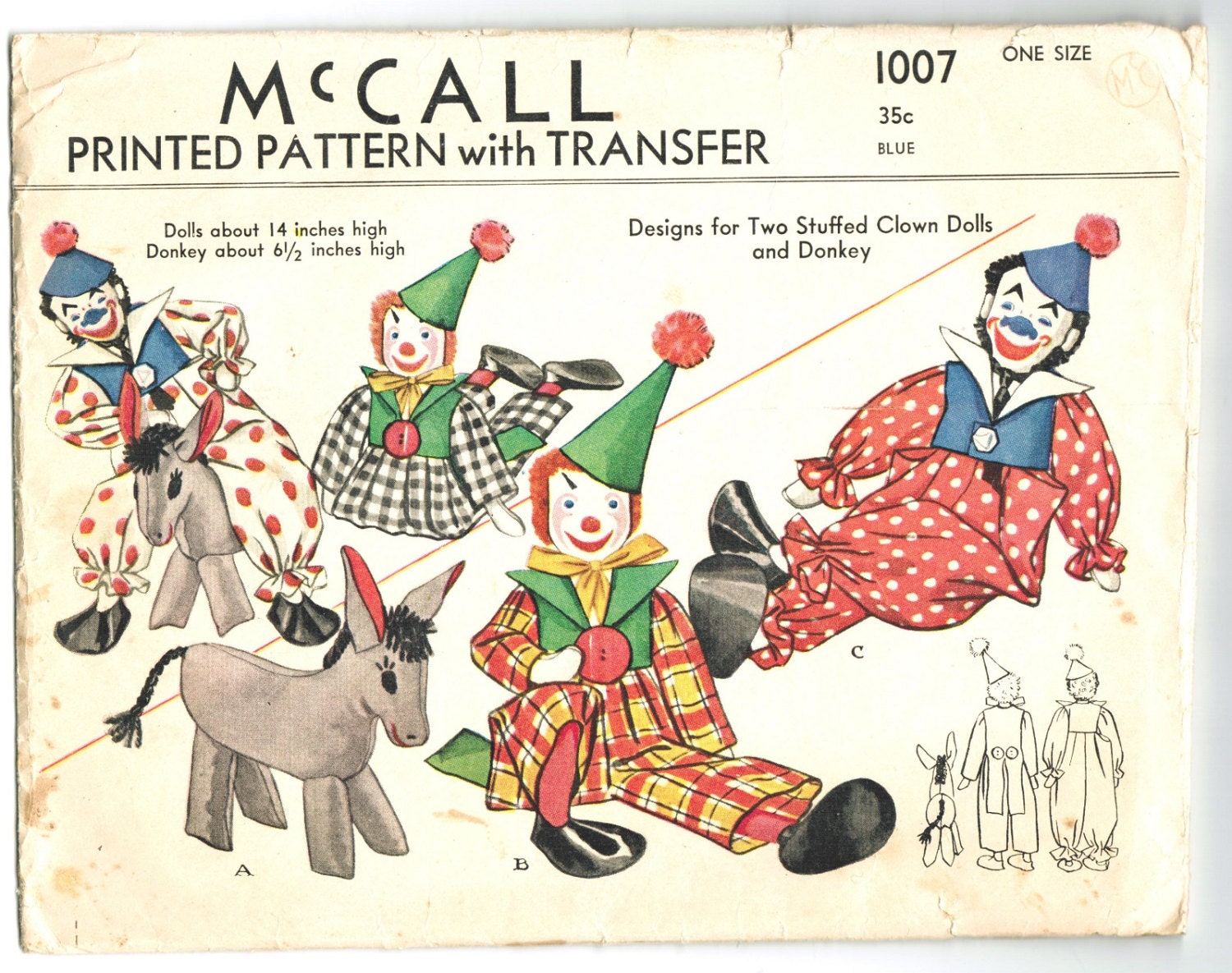Mccall 1007 Photocopy of Vintage 40s Super Cute Stuffed Clown Dolls and ...