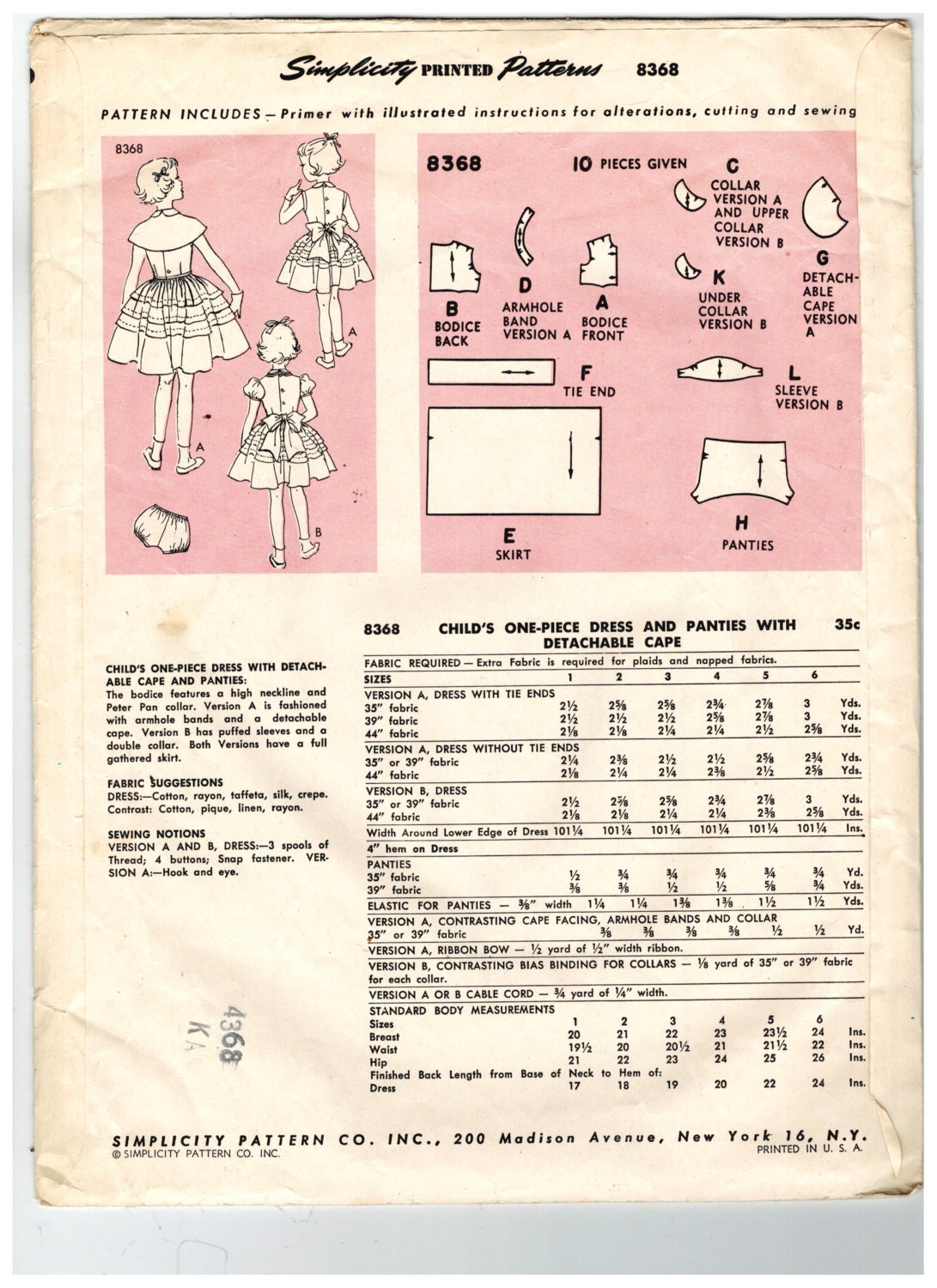 Simplicity 8368 UNCUT and FF Vintage 50s Girls One Piece Dress - Etsy
