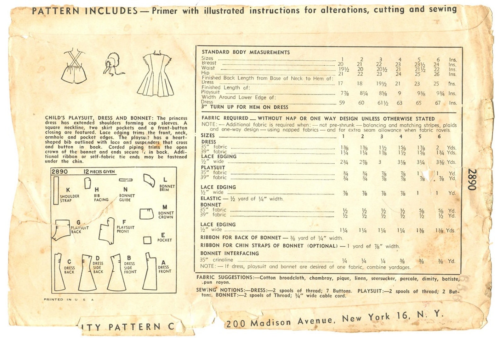Simplicity 2890 Photocopy of Vintage 40s Toddler Girl's Playsuit, Dress ...