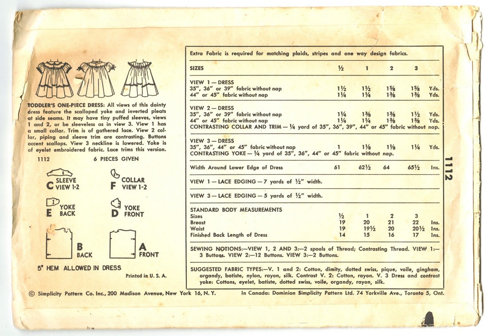Simplicity 1112 Photocopy of Vintage 50s Toddler Girl's - Etsy