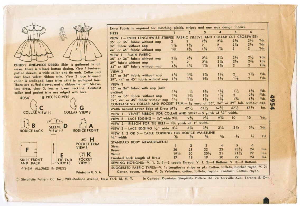 Simplicity 4954 UNCUT & Factory Folded Adorable Vintage 50s - Etsy