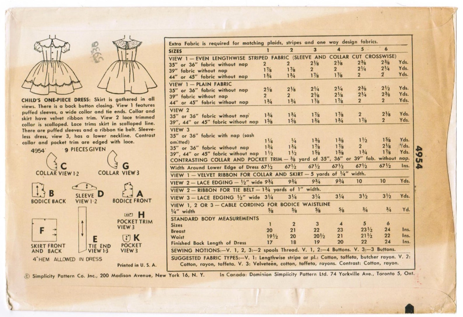Simplicity 4954 UNCUT & Factory Folded Adorable Vintage 50s - Etsy
