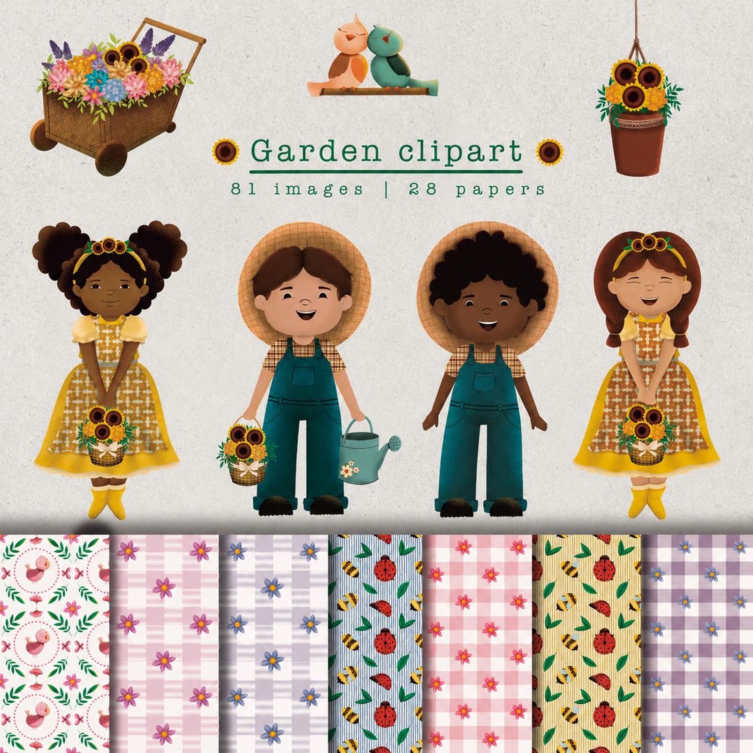 Garden Clipart Bundle, Kids, Flowers, Bees, Ladybugs, Digital Papers ...