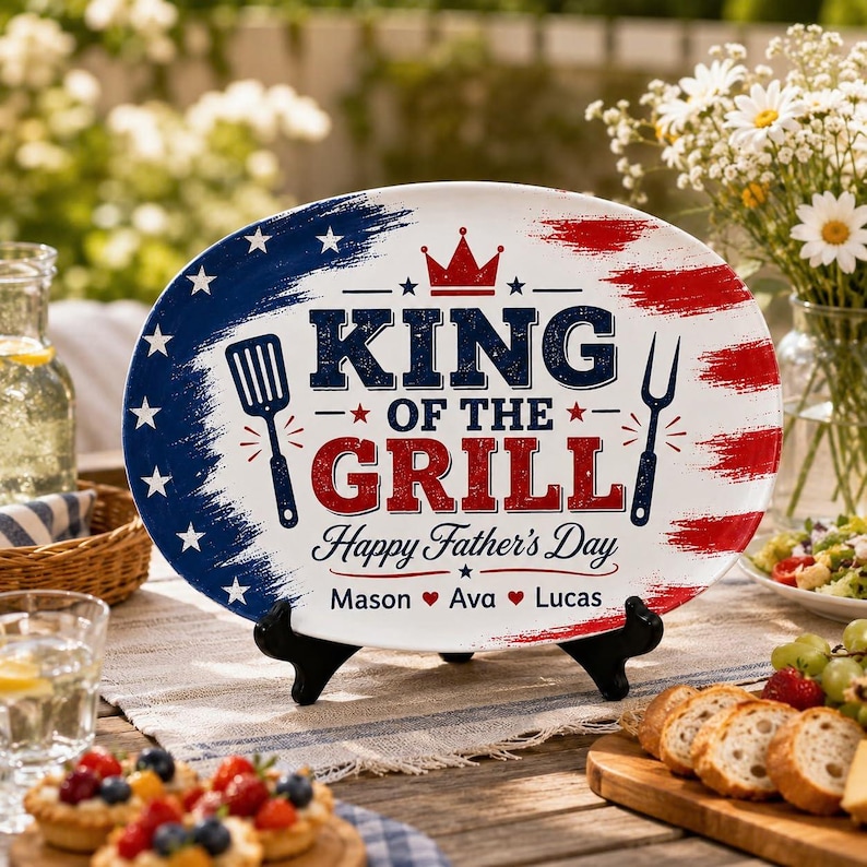 Personalized King of the Grill Platter, Custom Dad BBQ Plate, Kids ...