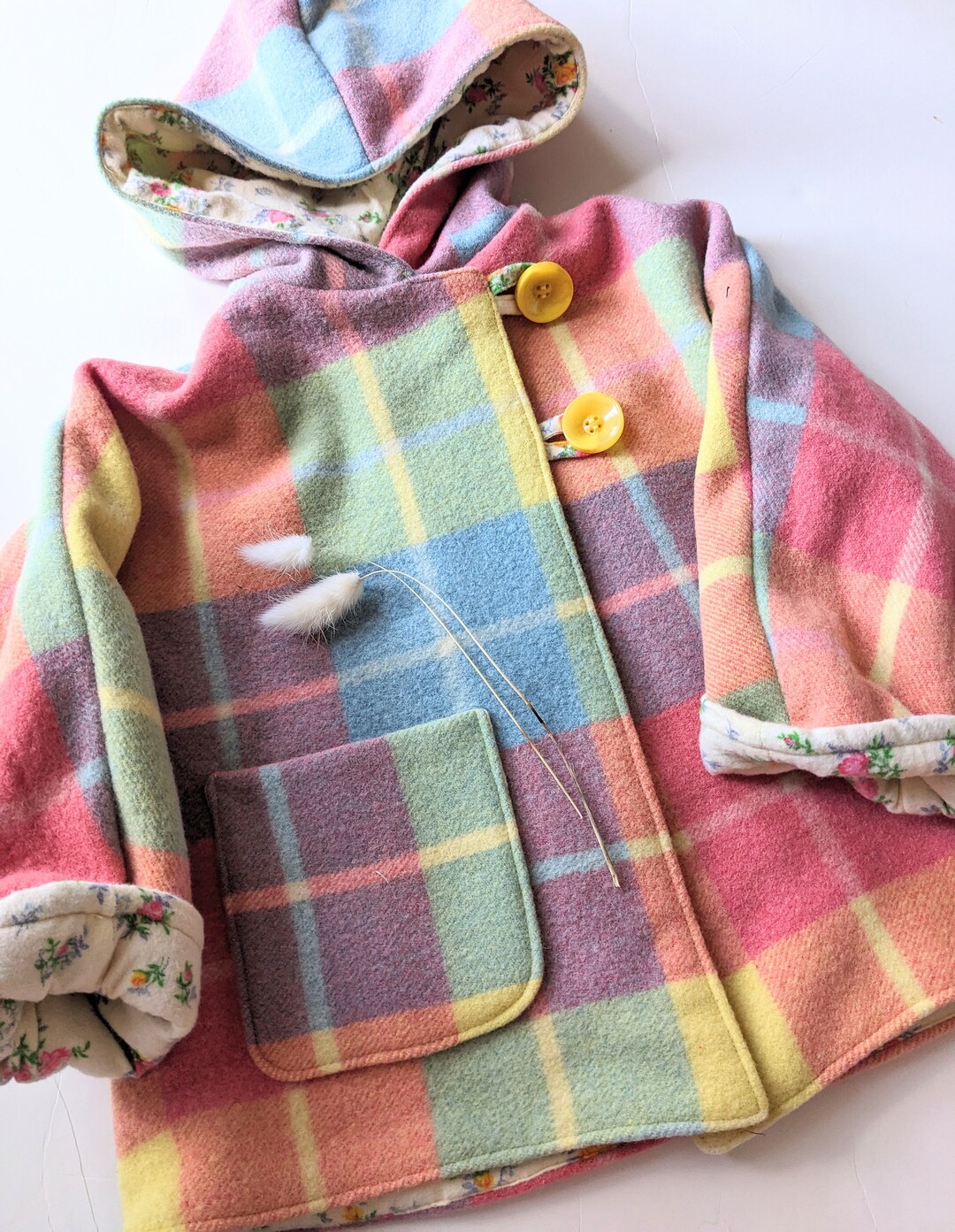 Kids Bright Coloured Warm Wool Upcycled Flannel Lined Blanket Coat Size ...