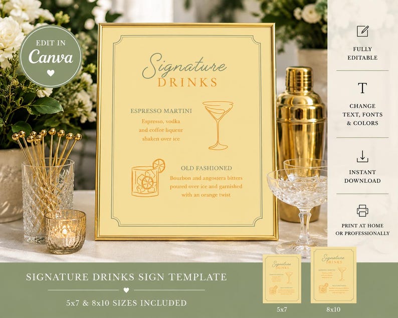 Butter Yellow Signature Drinks Sign, Sage Green Wedding Bar Menu ...