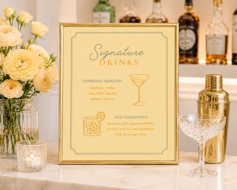 Butter Yellow Signature Drinks Sign, Sage Green Wedding Bar Menu ...
