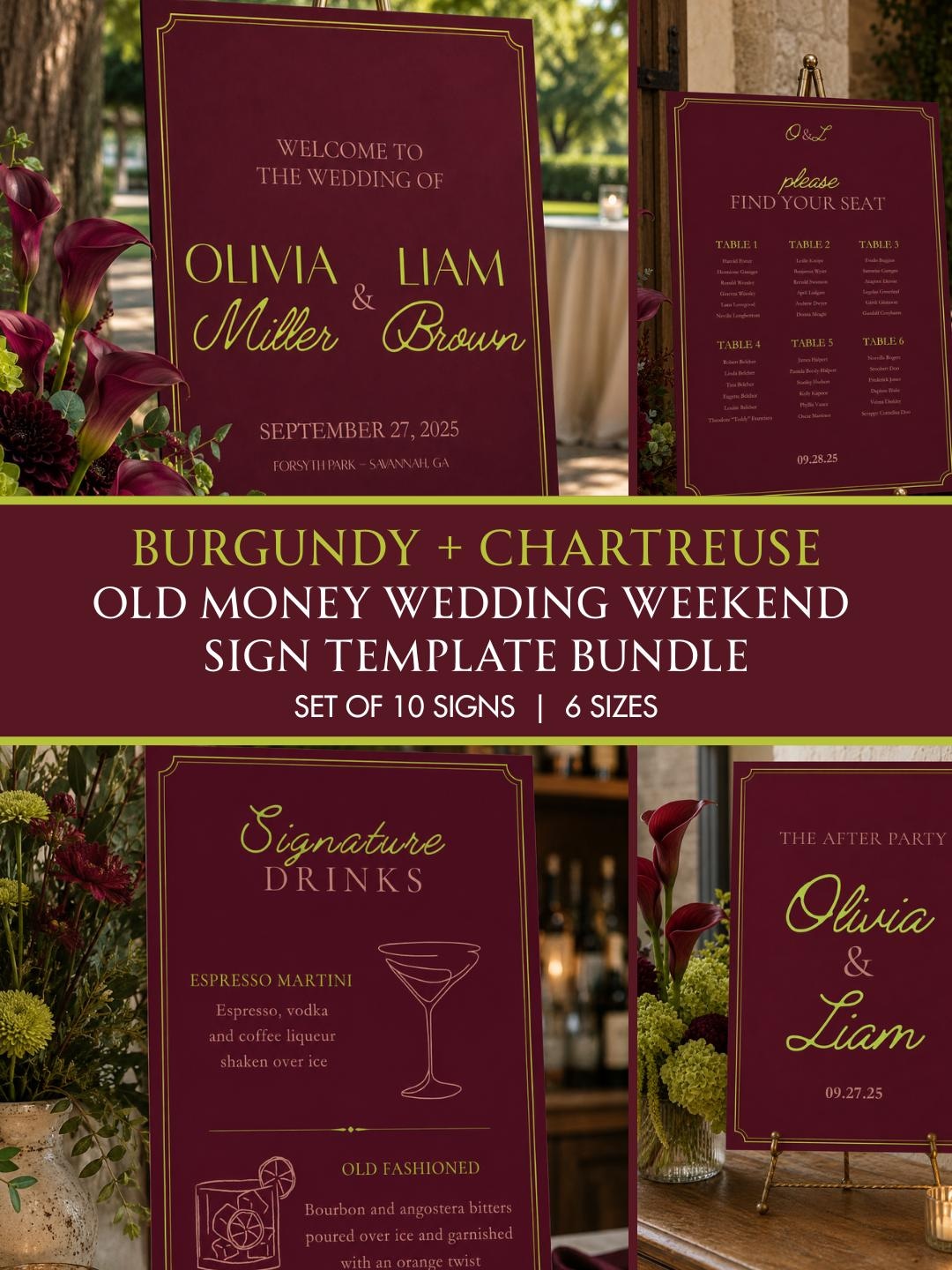 Old Money Wedding Sign Bundle | Burgundy Chartreuse Elegant Templates ...