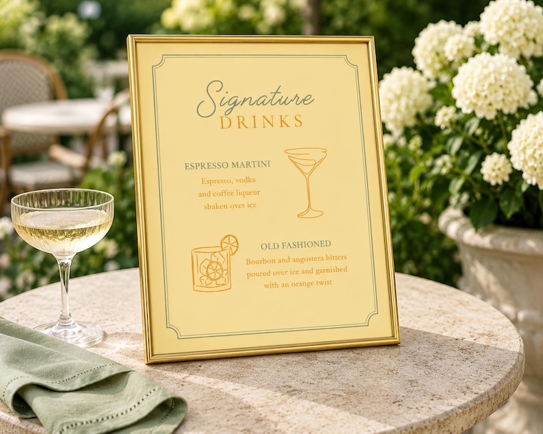 Butter Yellow Signature Drinks Sign, Sage Green Wedding Bar Menu ...