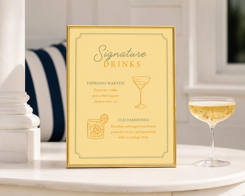Butter Yellow Signature Drinks Sign, Sage Green Wedding Bar Menu ...