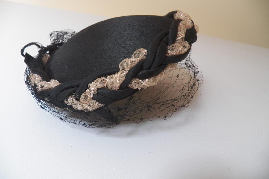 1950's JULIET CAP HAT Black Veil and Woven Lace & Beads Unique Rare ...