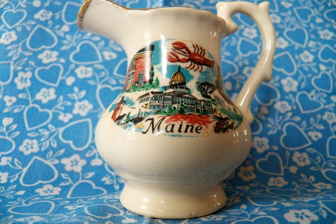Vintage SOUVENIR MAINE PITCHER 3 and 1/4" Tall Scenes of Maine Lobster ...