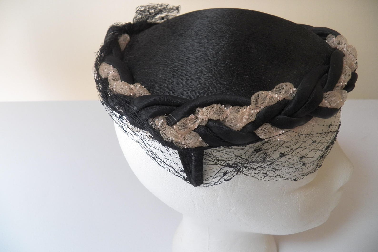 1950's JULIET CAP HAT Black Veil and Woven Lace & Beads Unique Rare ...