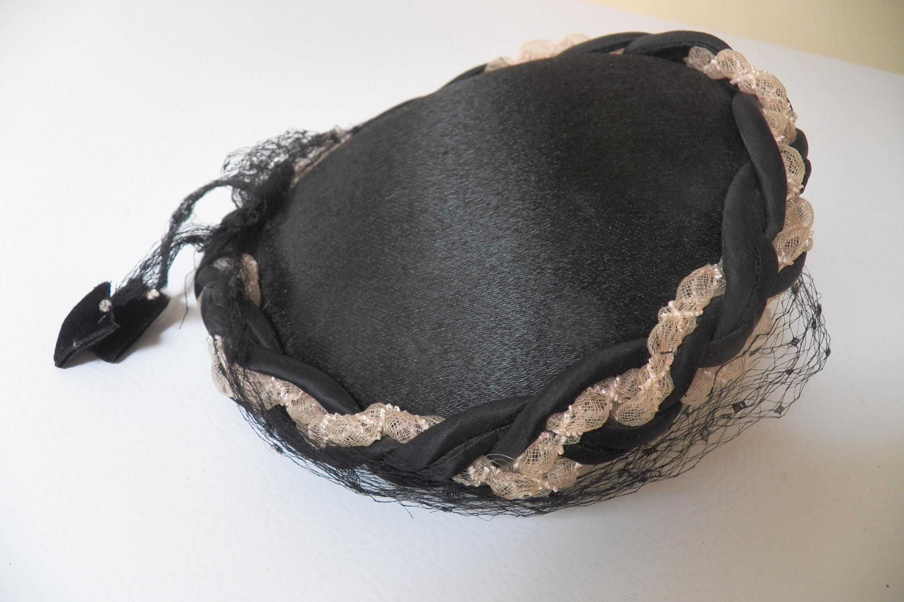 1950's JULIET CAP HAT Black Veil and Woven Lace & Beads Unique Rare ...