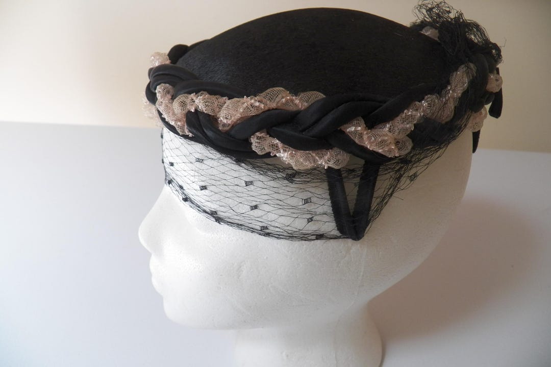 1950's JULIET CAP HAT Black Veil and Woven Lace & Beads Unique Rare ...