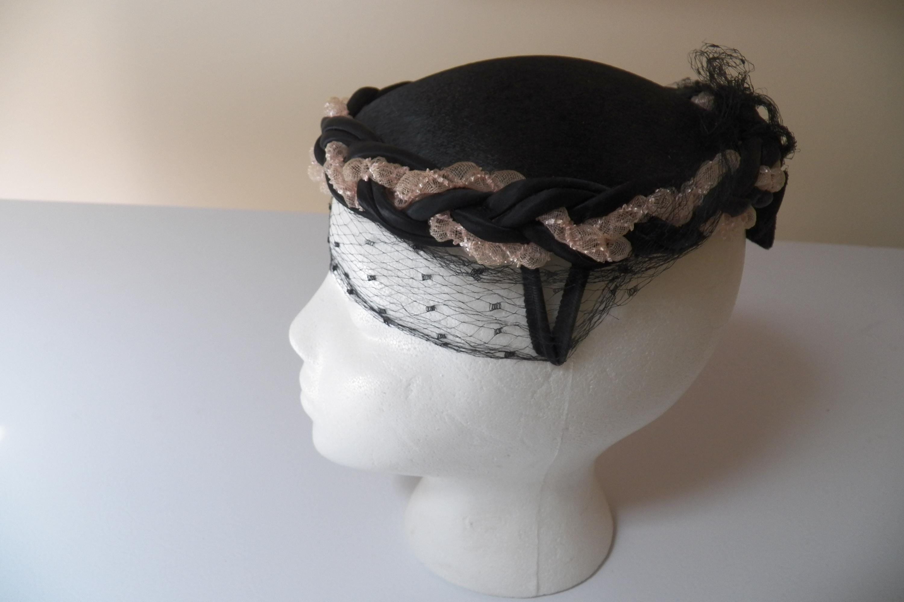 1950's JULIET CAP HAT Black Veil and Woven Lace & Beads Unique Rare ...
