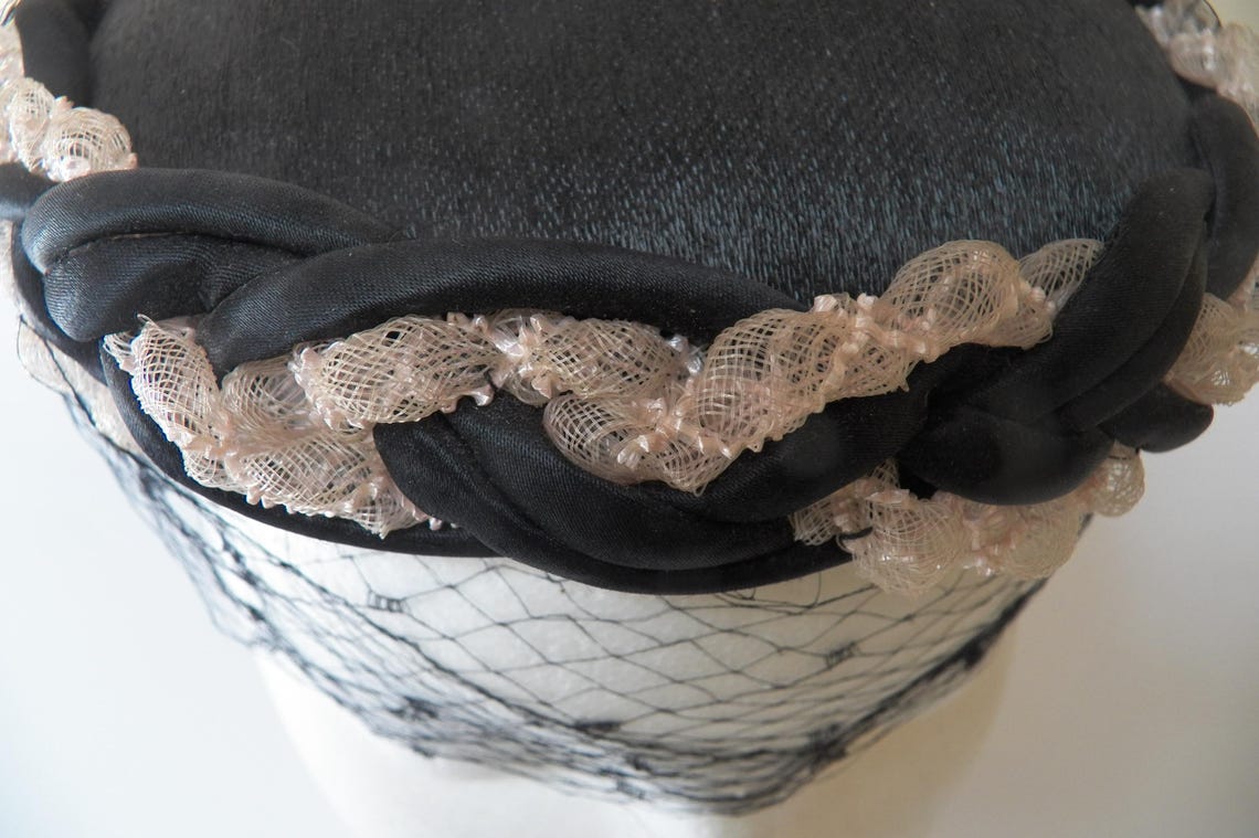 1950's JULIET CAP HAT Black Veil and Woven Lace & Beads Unique Rare ...