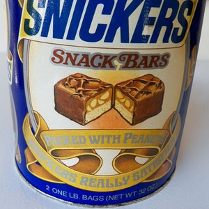 1980's VINTAGE SNICKERS TIN 7 and 1/2" Tall and 5 and 3/4" in Diameter ...