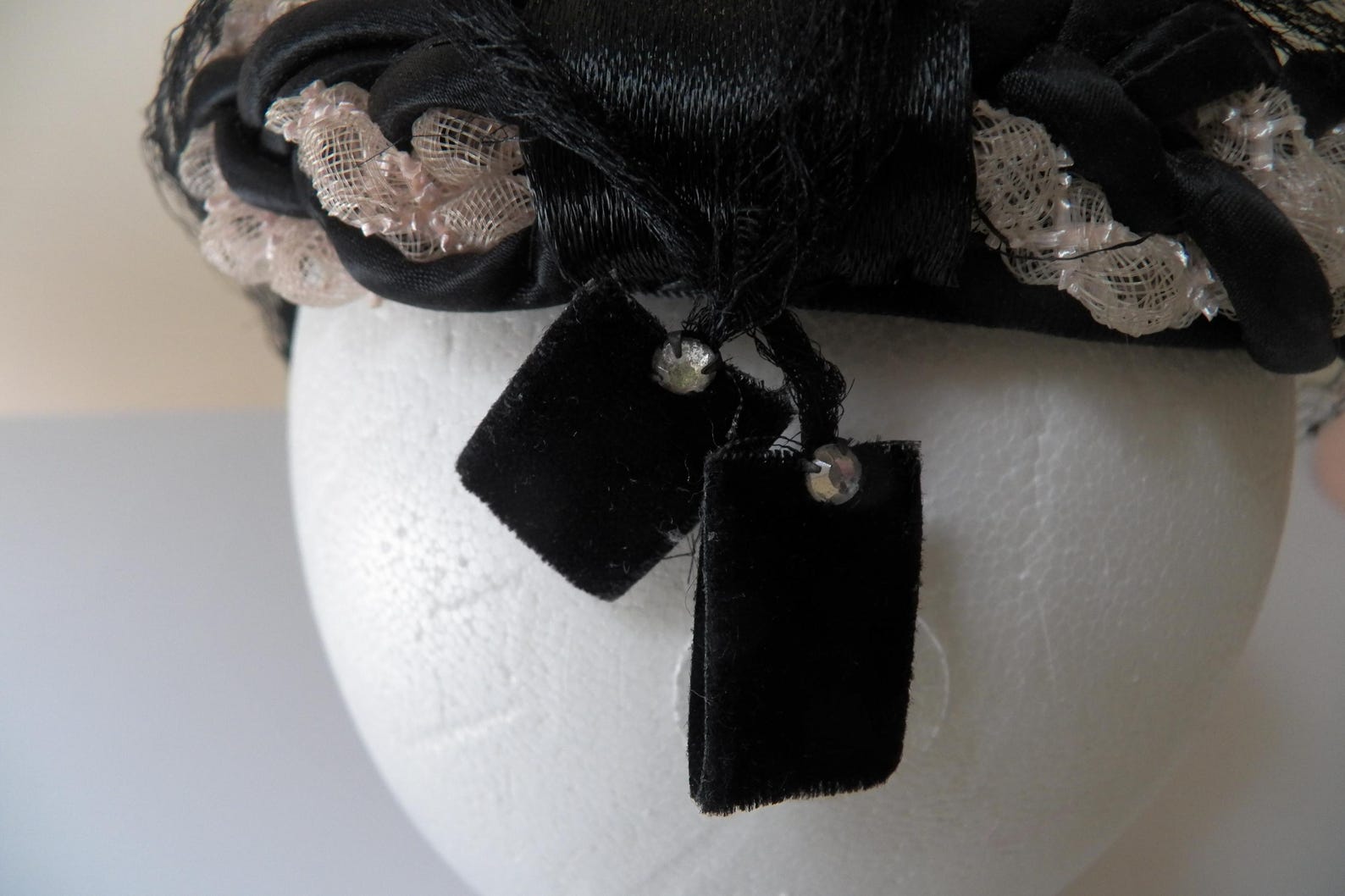 1950's JULIET CAP HAT Black Veil and Woven Lace & Beads Unique Rare ...