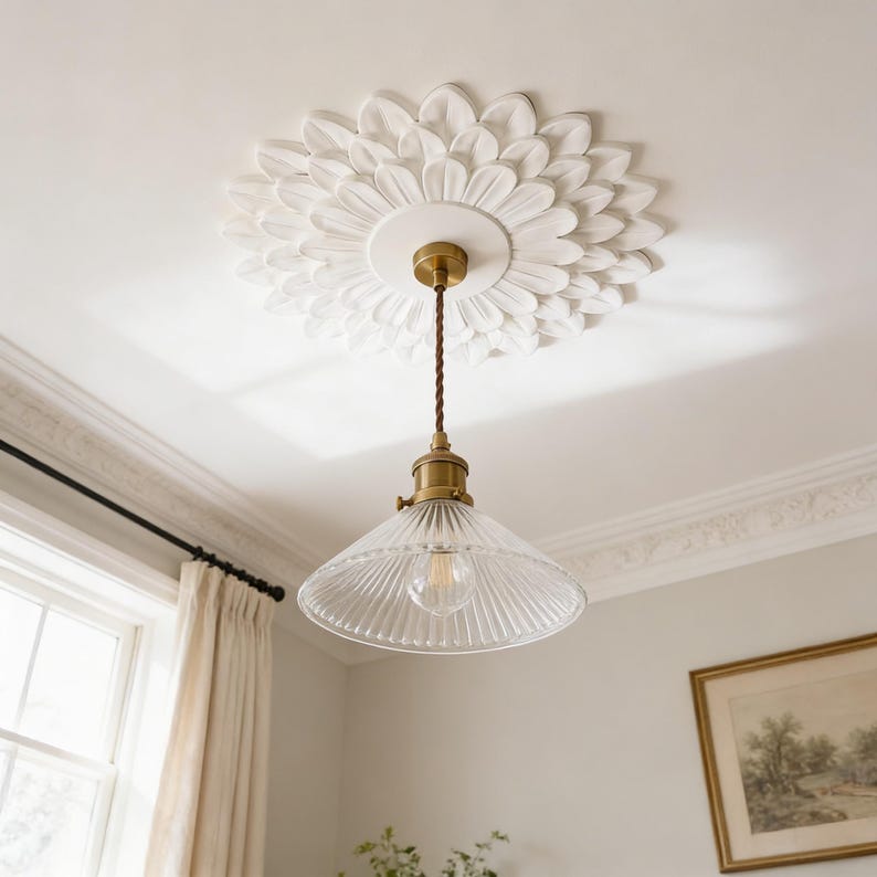 Easy Install Floral Ceiling Rose | 12x12” | Dahlia Plaster Pendant ...