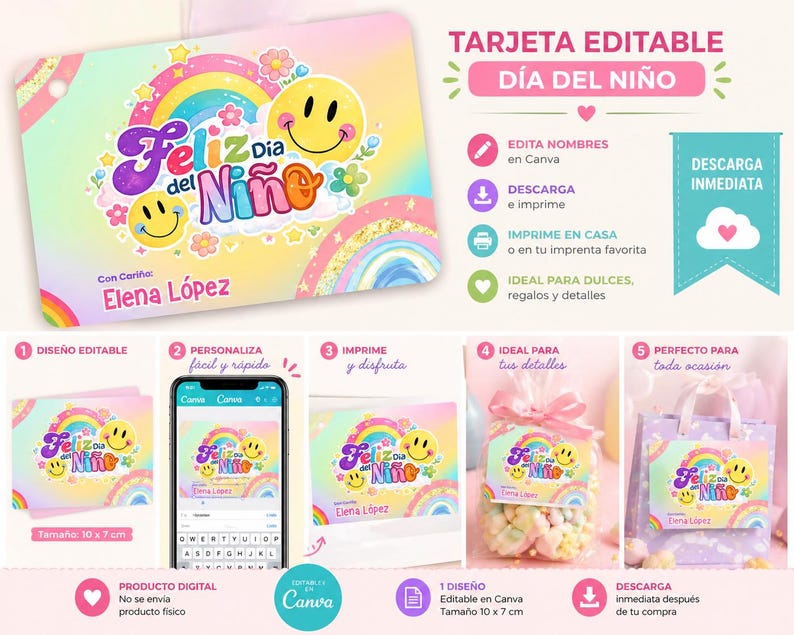 Tarjeta Día Del Niño Editable Canva | Etiqueta Dulces Personalizada ...