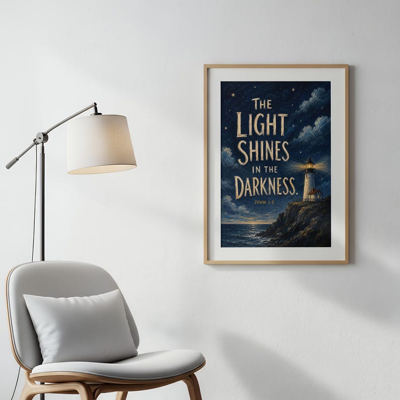 Christian Lighthouse Print, John 1:5 Scripture, Coastal Night Sky ...