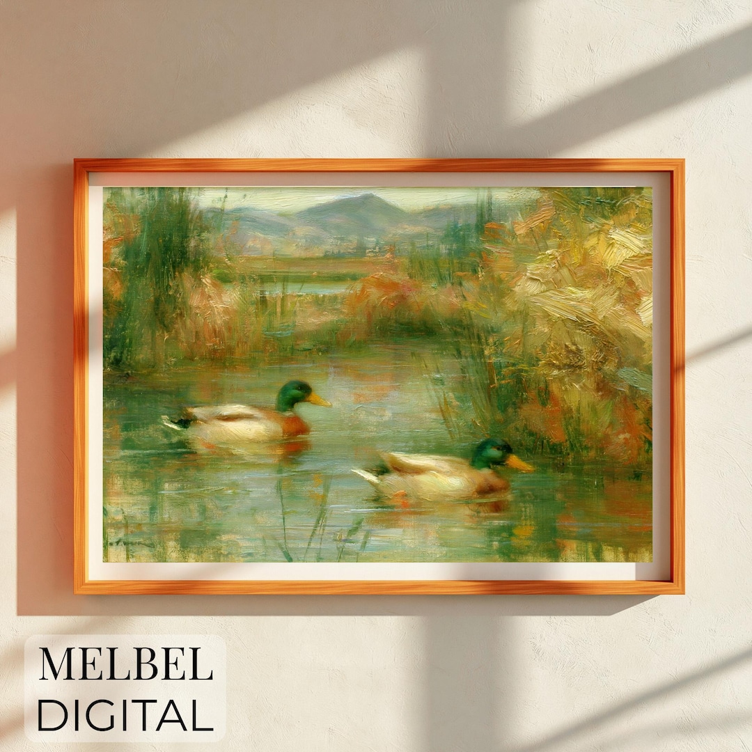 Impressionist Mallard Duck Oil Painting Print: Vintage Marsh Landscape ...