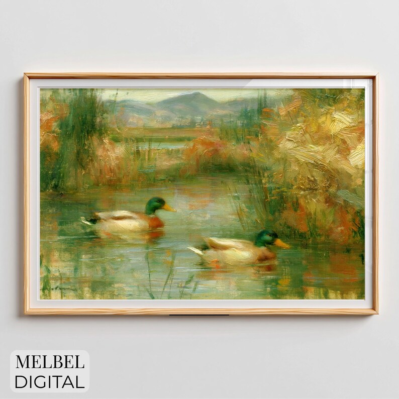 Impressionist Mallard Duck Oil Painting Print: Vintage Marsh Landscape ...