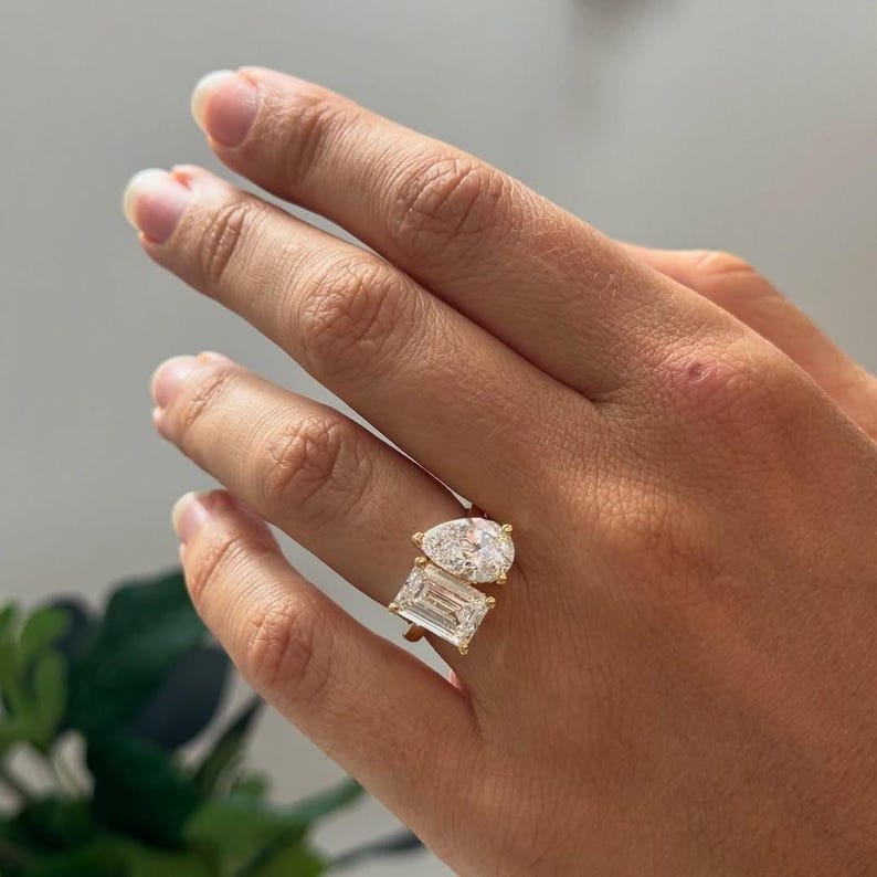 Toi Et Moi Pear Emerald Lab Diamond Ring | 14k Solid Yellow Gold ...