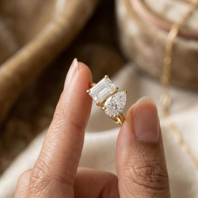 Toi Et Moi Pear Emerald Lab Diamond Ring | 14k Solid Yellow Gold ...