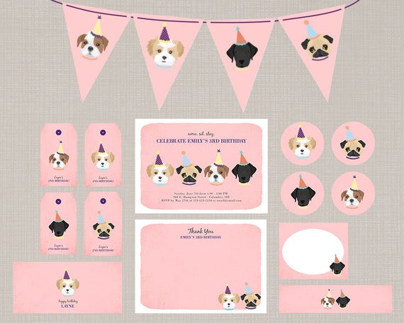 Dog Theme Birthday Party Decor Set Pink Printable | Etsy