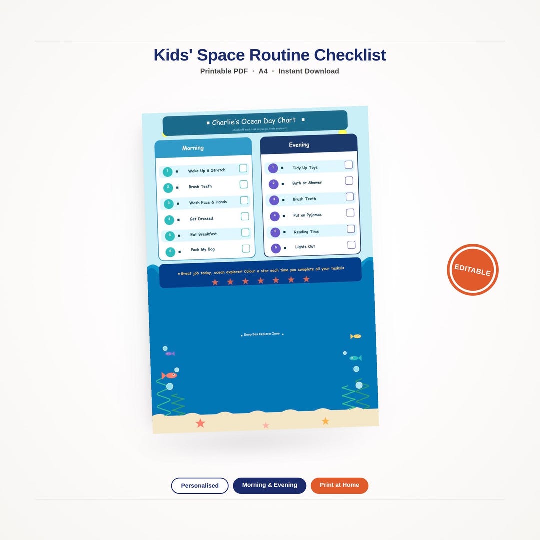 Editable Ocean Routine Chart for Kids, Morning and Evening Checklist ...