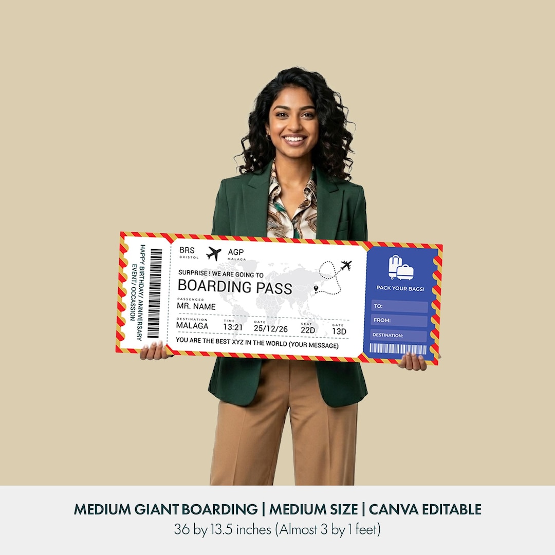 Giant Boarding Pass Template | Editable Surprise Travel Ticket (canva ...