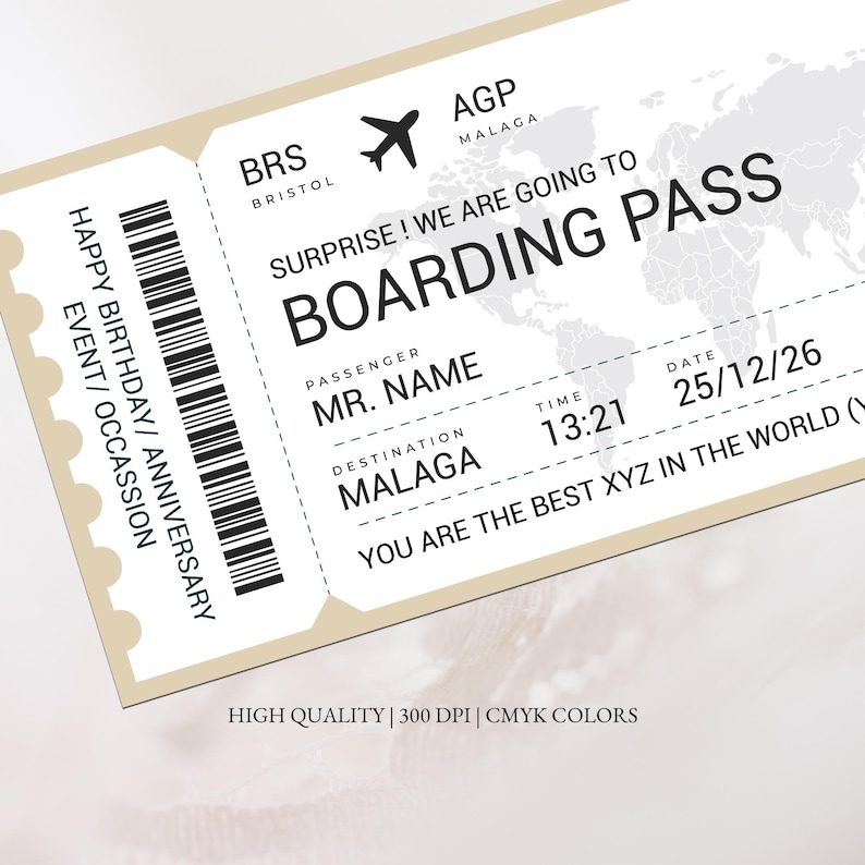Giant Boarding Pass Template | Editable Surprise Travel Ticket (canva ...