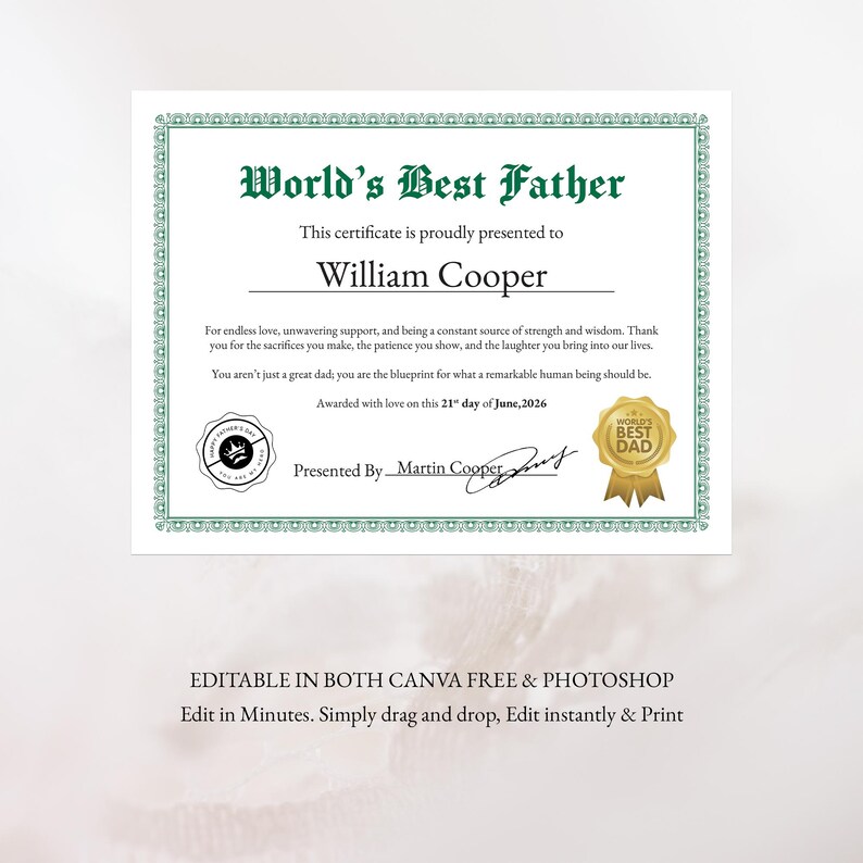 World's Father Certificate, Editable Canva Template, Father's Day Award ...