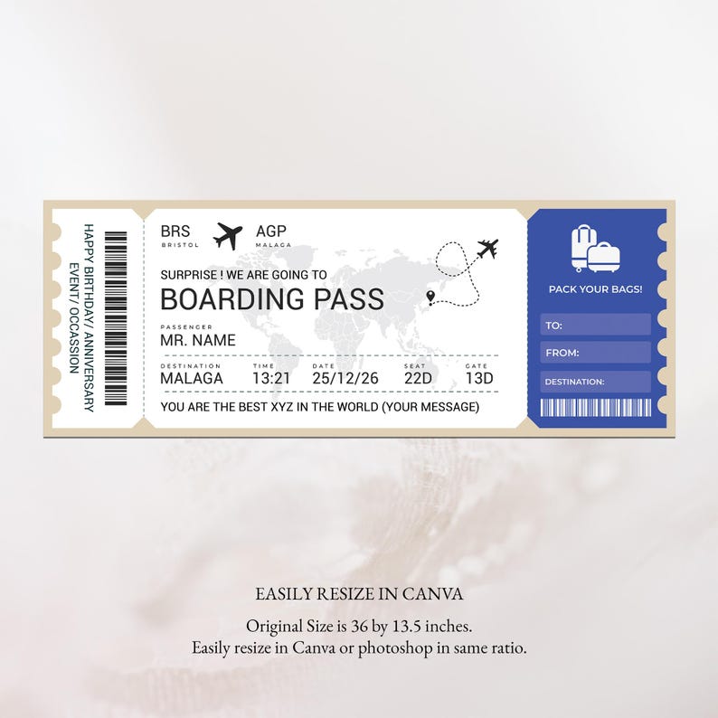Giant Boarding Pass Template | Editable Surprise Travel Ticket (canva ...